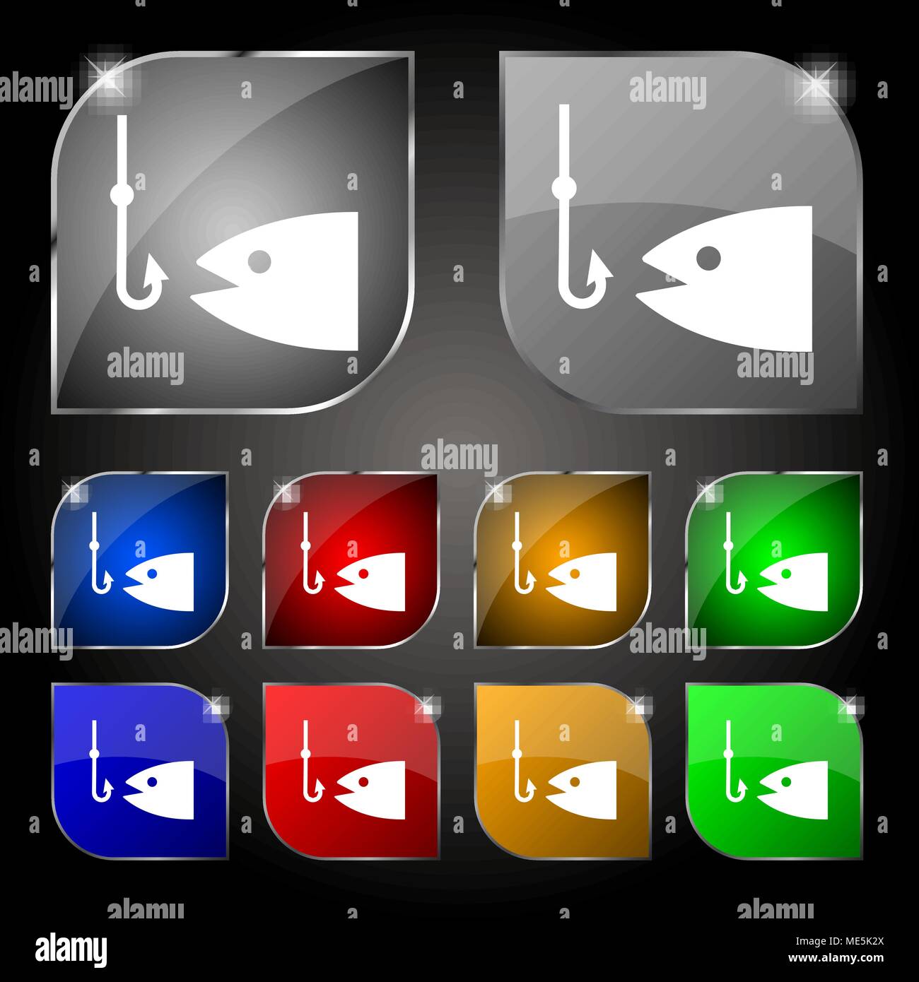 Fishing icon sign. Set of ten colorful buttons with glare. Vector ...