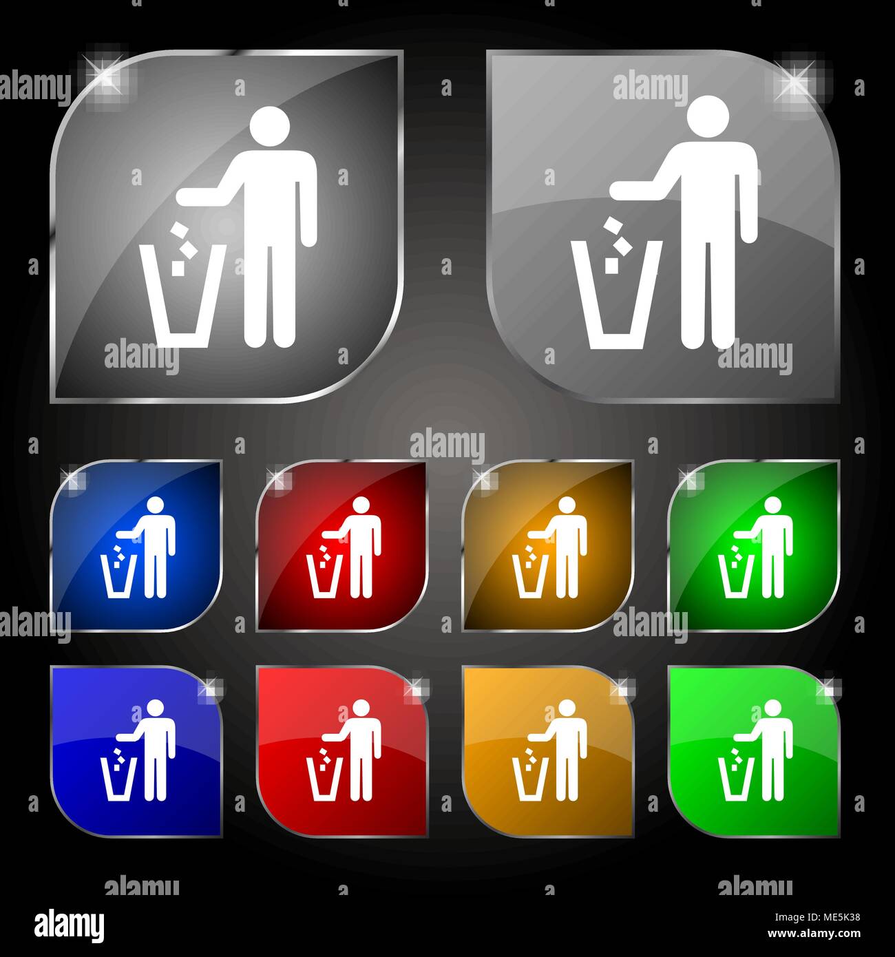 throw away the trash icon sign. Set of ten colorful buttons with glare ...