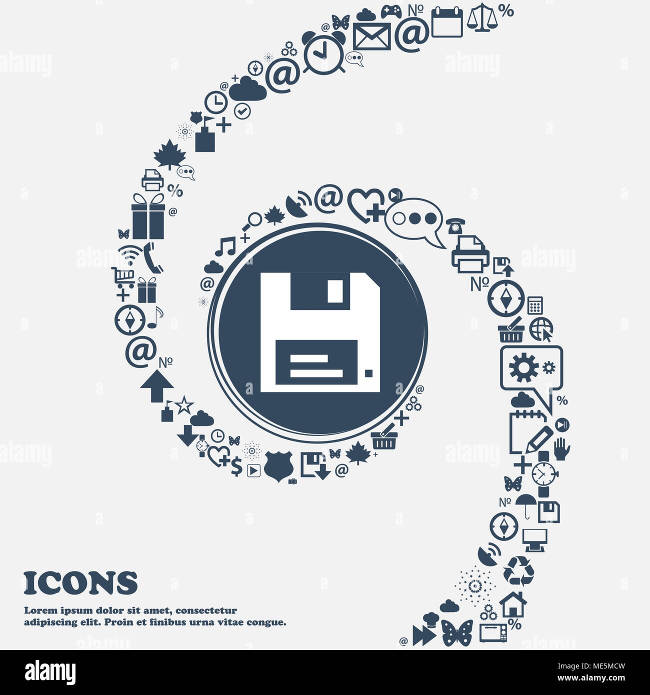 floppy icon sign in the center. Around the many beautiful symbols ...