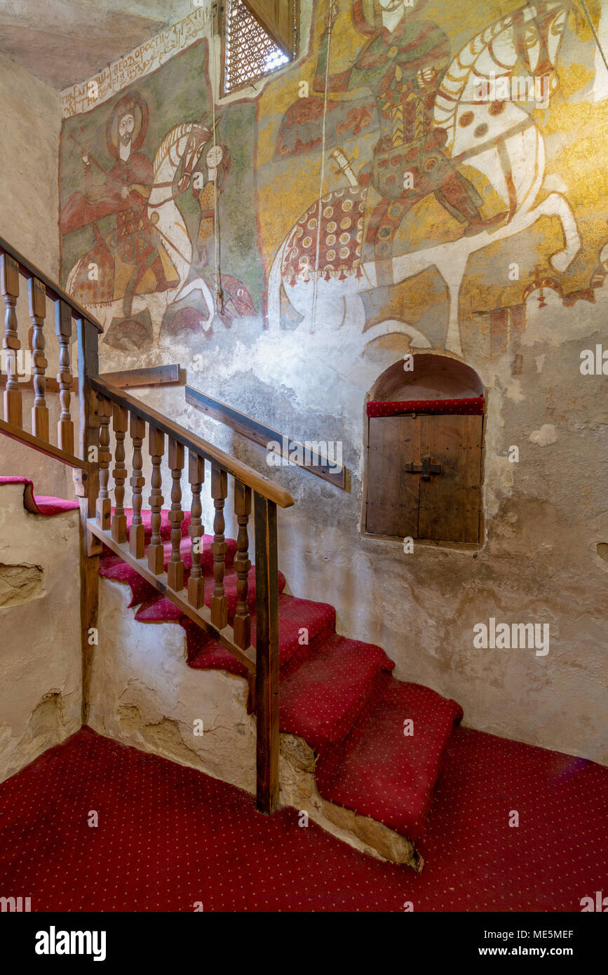 Cairo, Egypt - March 24 2018: Wall with Coptic fresco paintings and ...