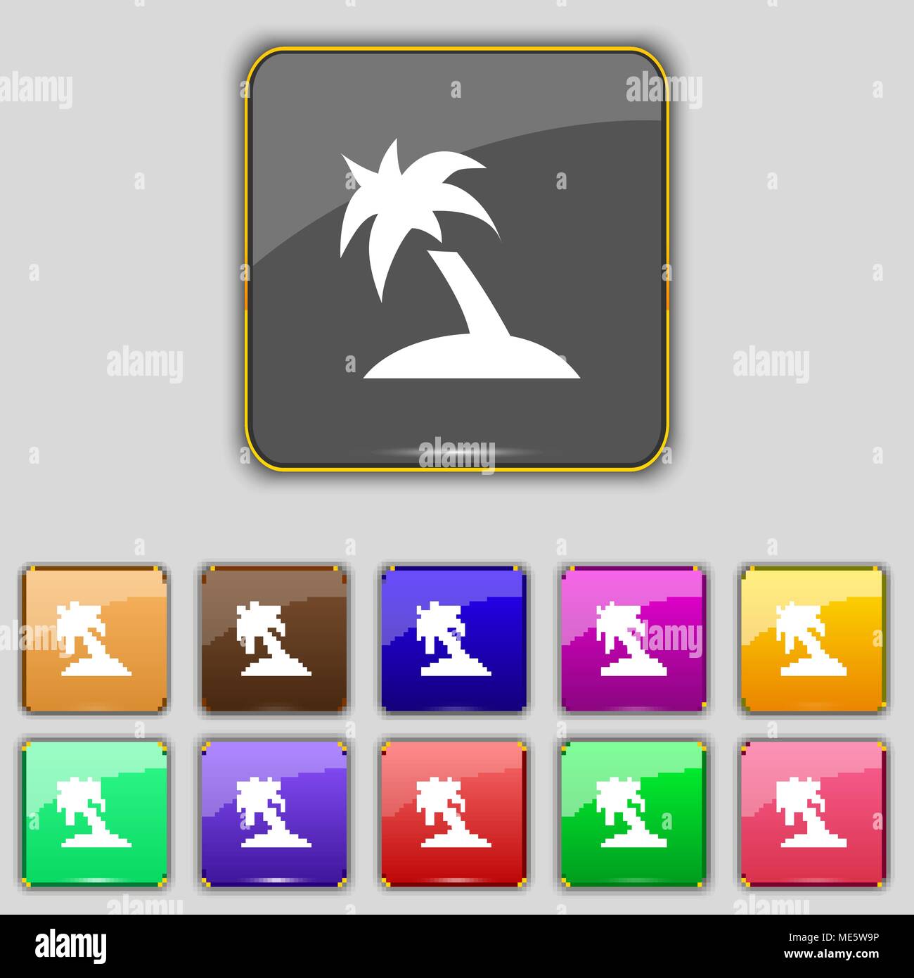 Palm Tree, Travel trip icon sign. Set with eleven colored buttons for ...