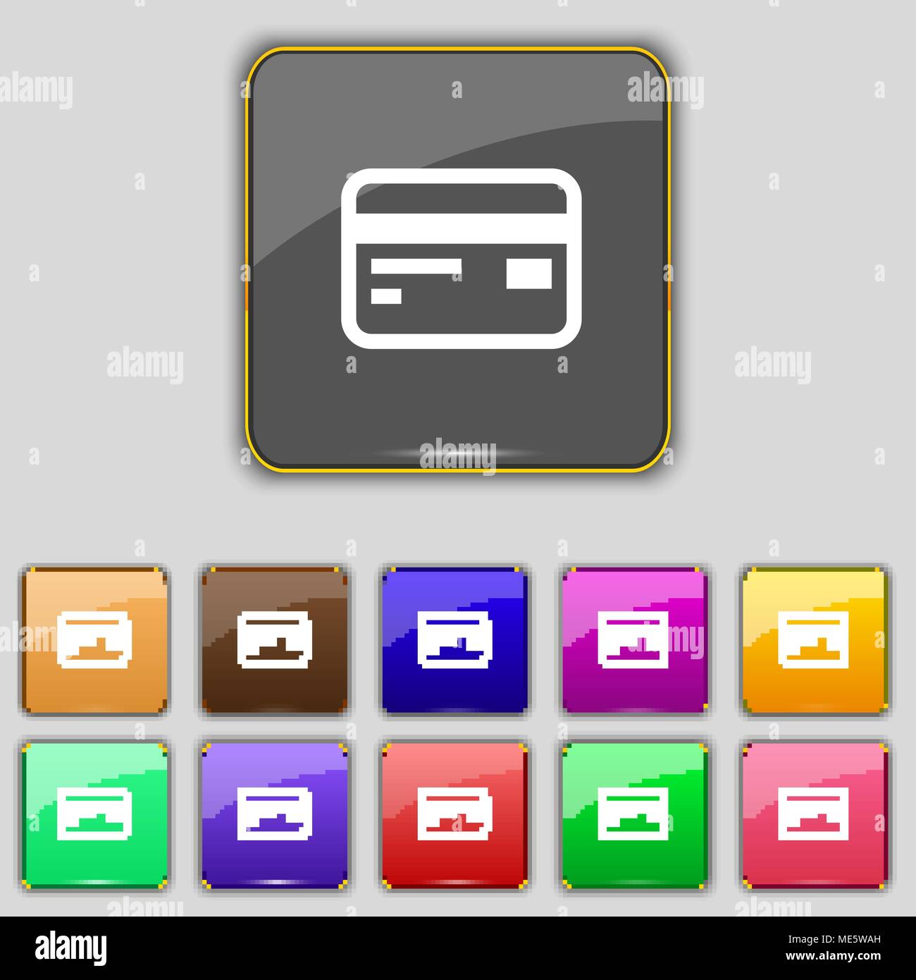 Credit, debit card icon sign. Set with eleven colored buttons for your ...