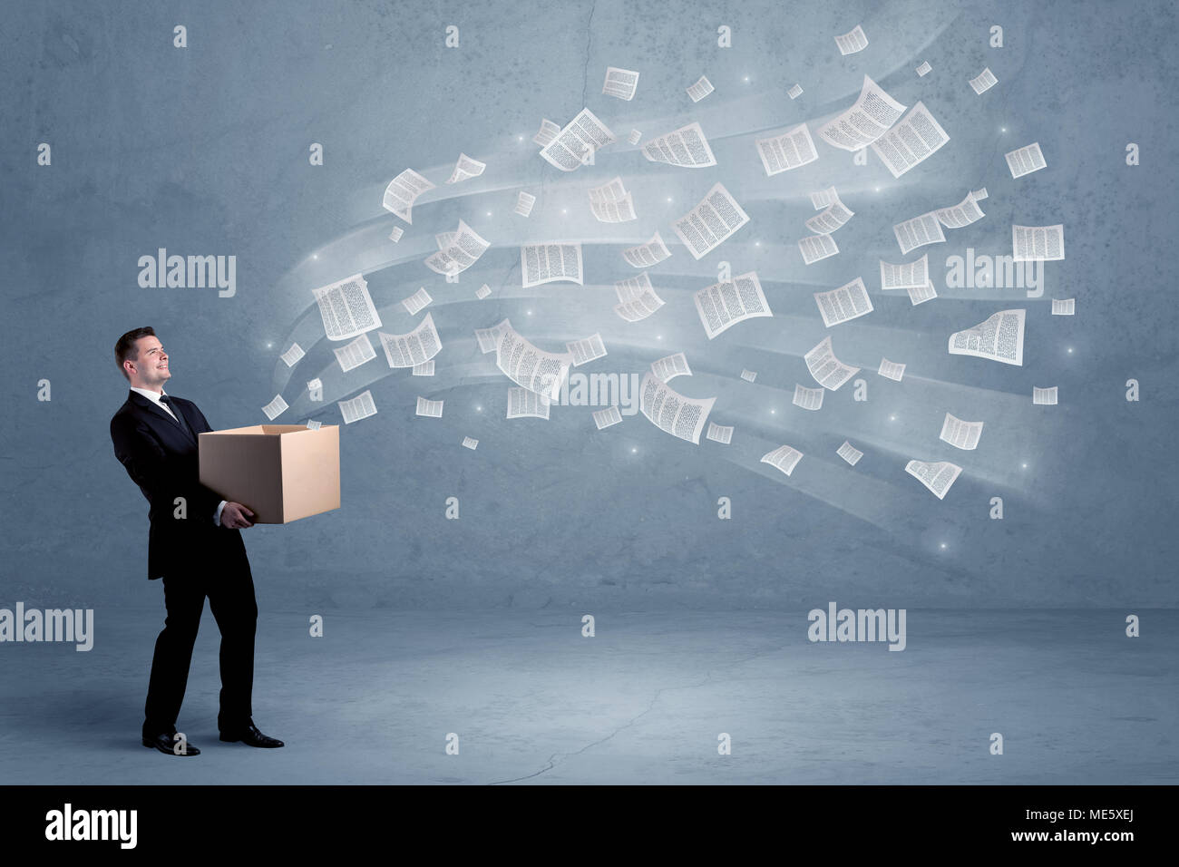 Office documents, contracts, papers flying out of cardboard box being ...