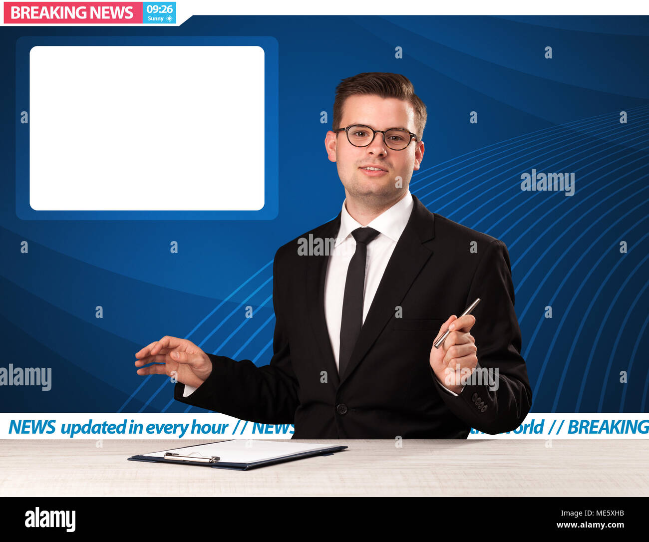 Television reporter telling breaking news at his studio desk with copy ...