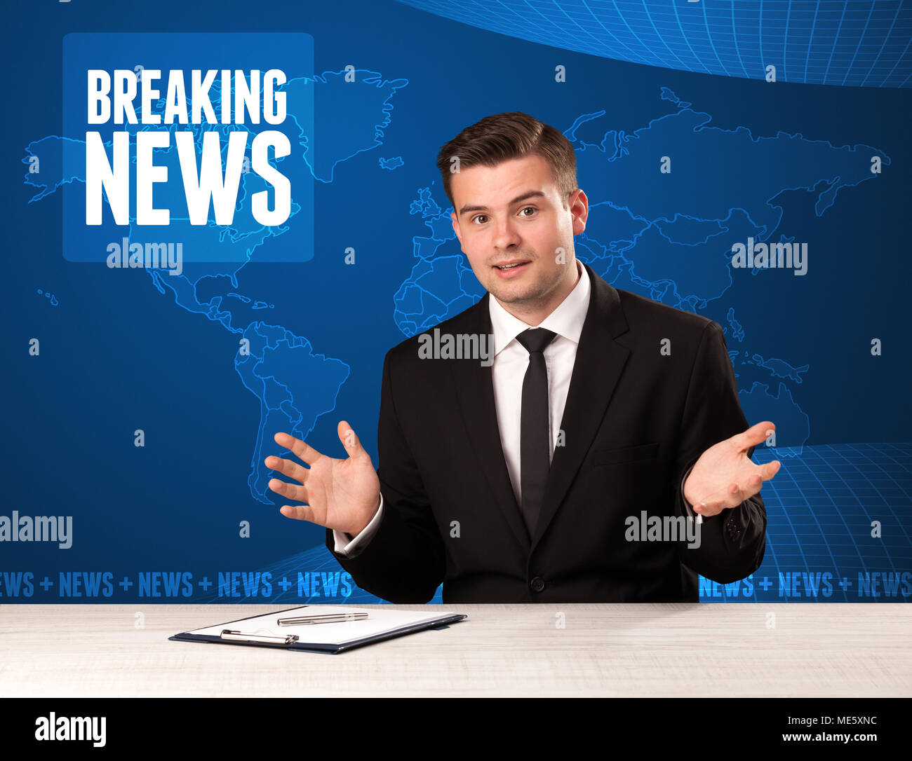 Television presenter in front telling breaking news with blue modern ...