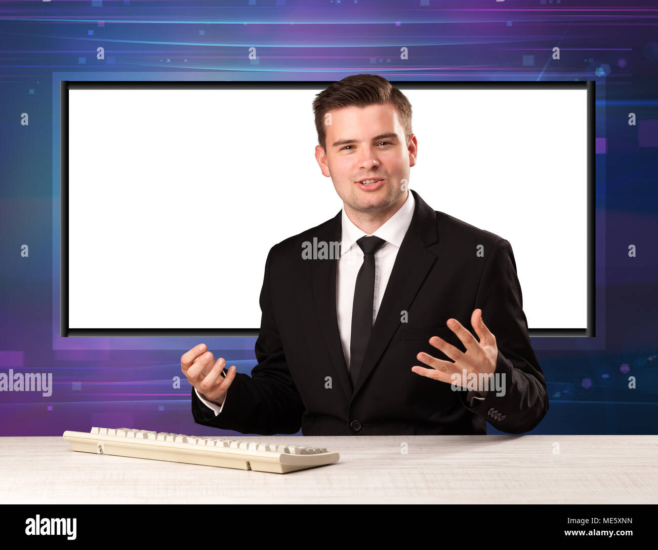 Television program host with big copy screen in his back concept Stock ...