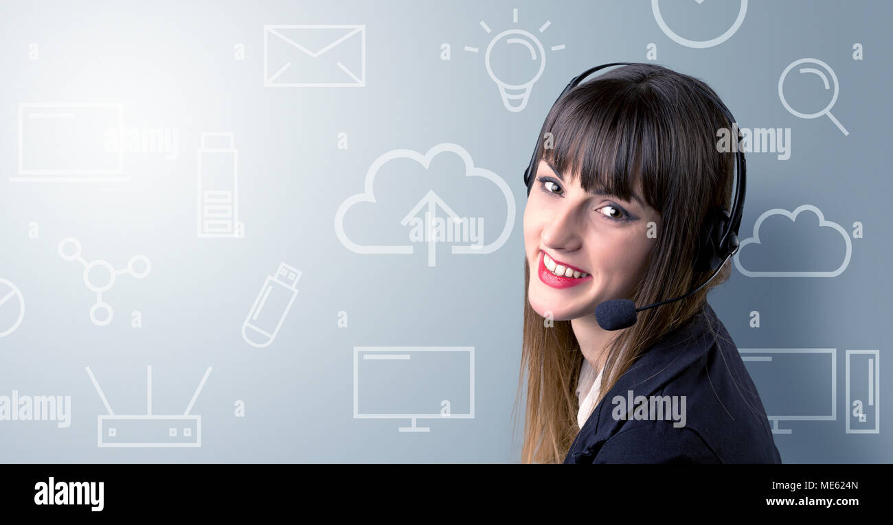 Young female telemarketer with white mixed media icons around her Stock ...