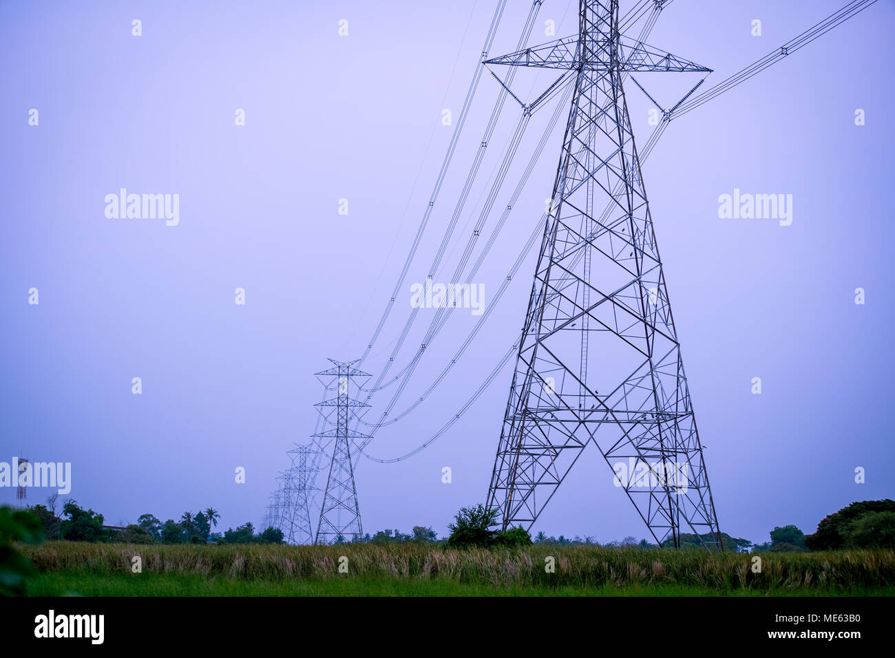high voltage power lines during fiery sunset Stock Photo - Alamy
