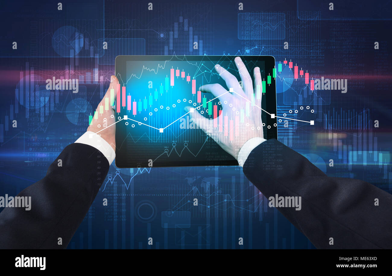 Hand touching tablet with worldwide reports links and statistics ...