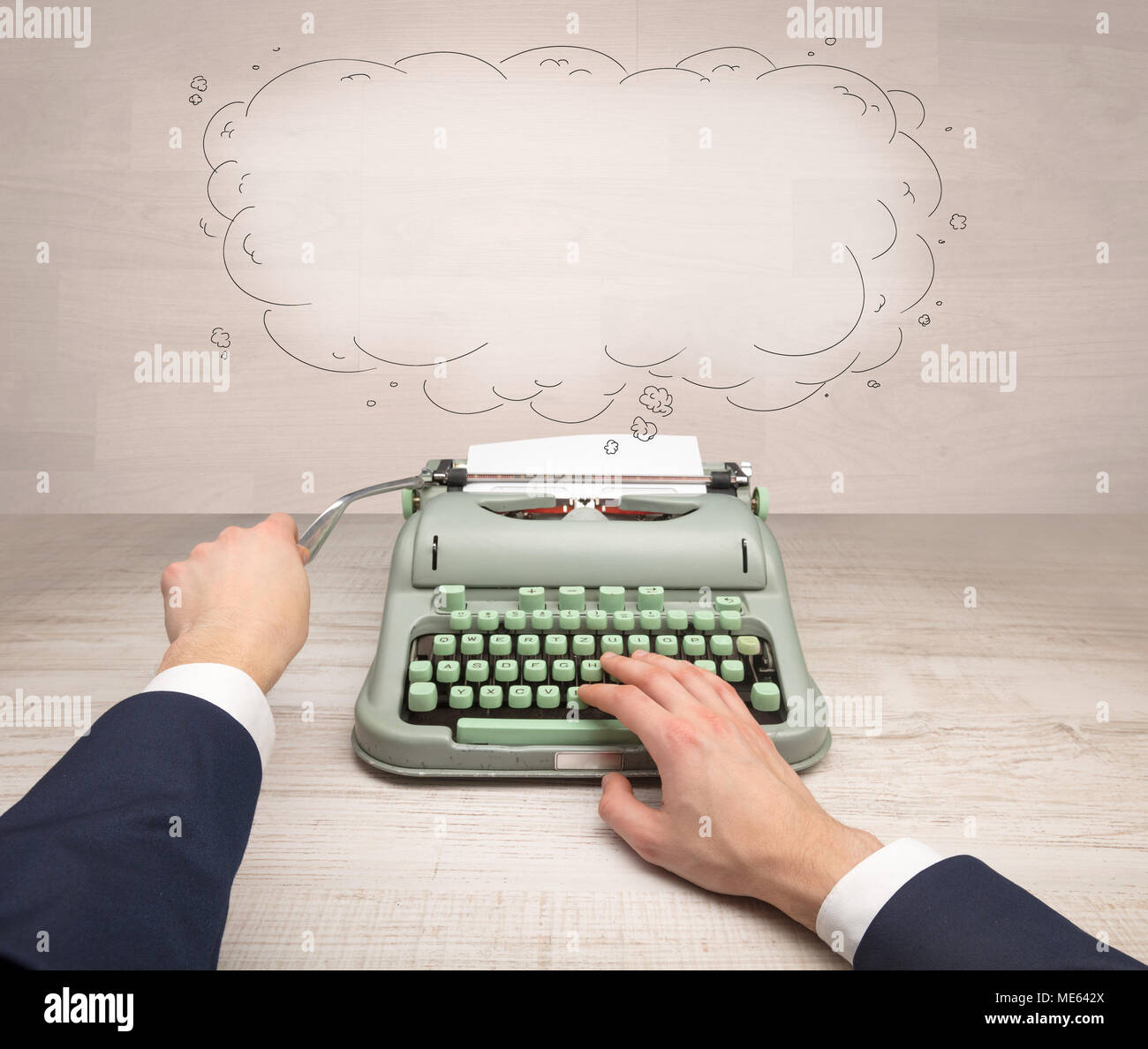 Typewriter with doodles, idea, message, plane, car balloon social media ...