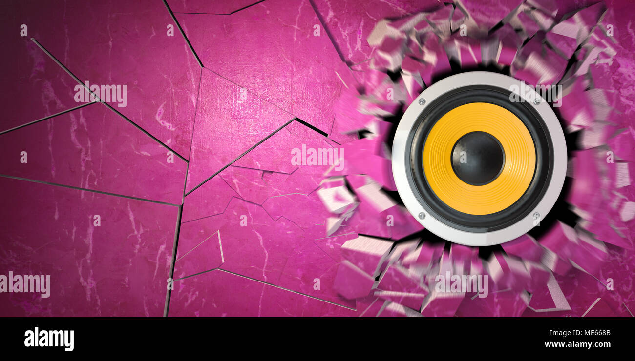 Powerful audio speakers broke concrete wall. Explosion hole and debris ...