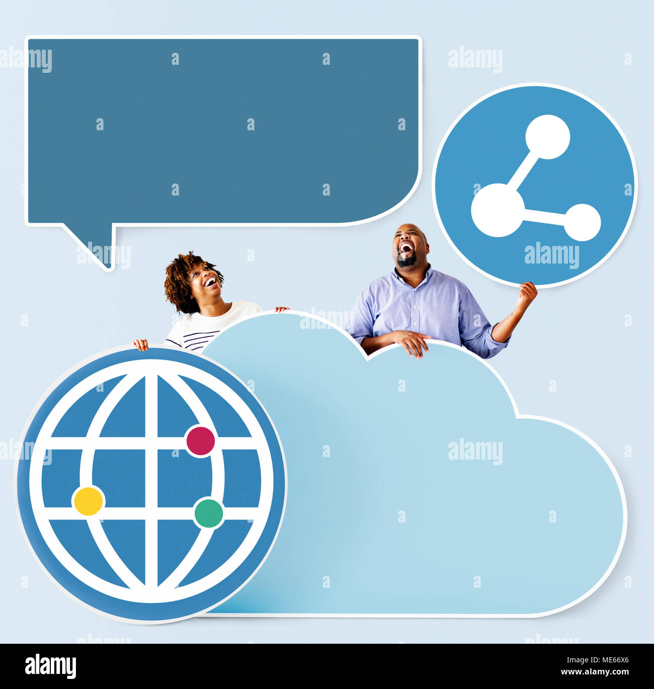 Happy people with cloud and technology icons Stock Photo - Alamy