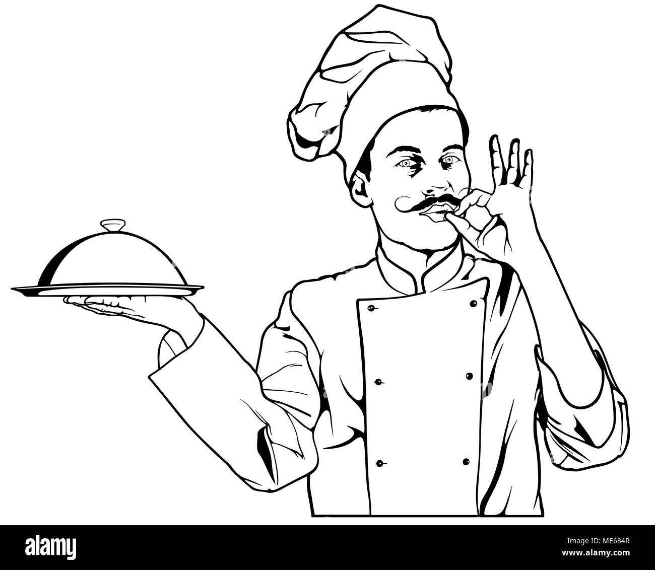 Illustration of a professional chef holding a cloche hi-res stock ...
