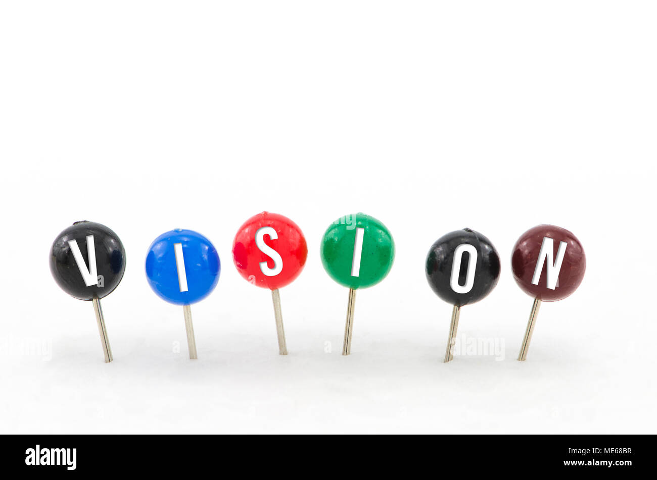 Vision, colorful paper pins with conceptual words. Isolated on white ...
