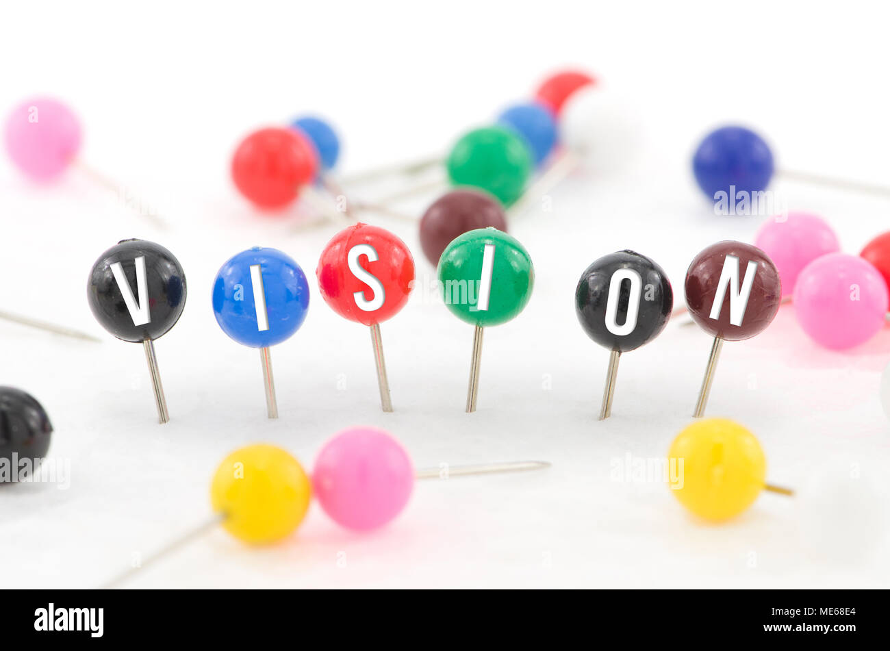 Vision, colorful paper pins with conceptual words. Isolated on white ...