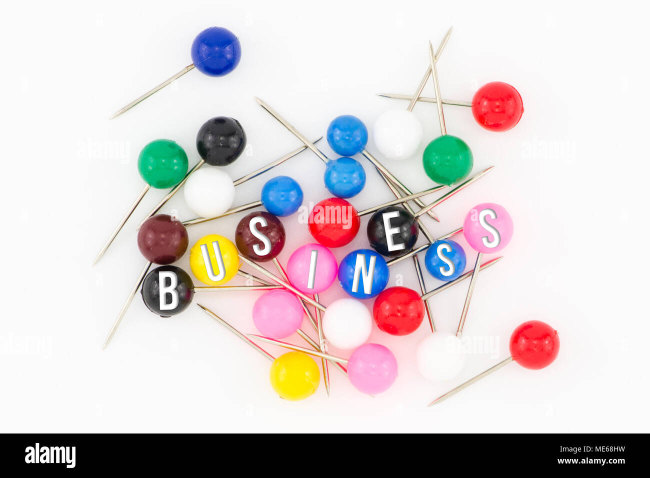 Business, colorful paper pins with conceptual words. Isolated on white ...