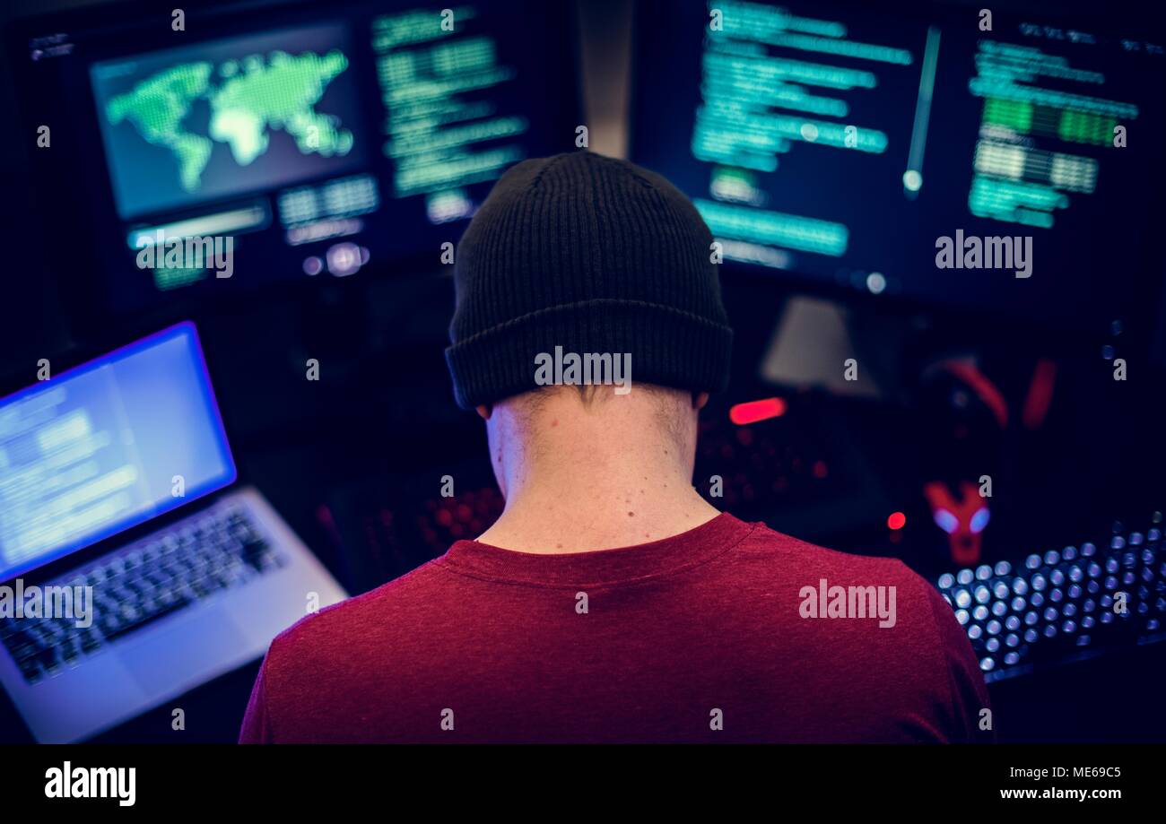 Rear view of man working on computer coding program Stock Photo - Alamy