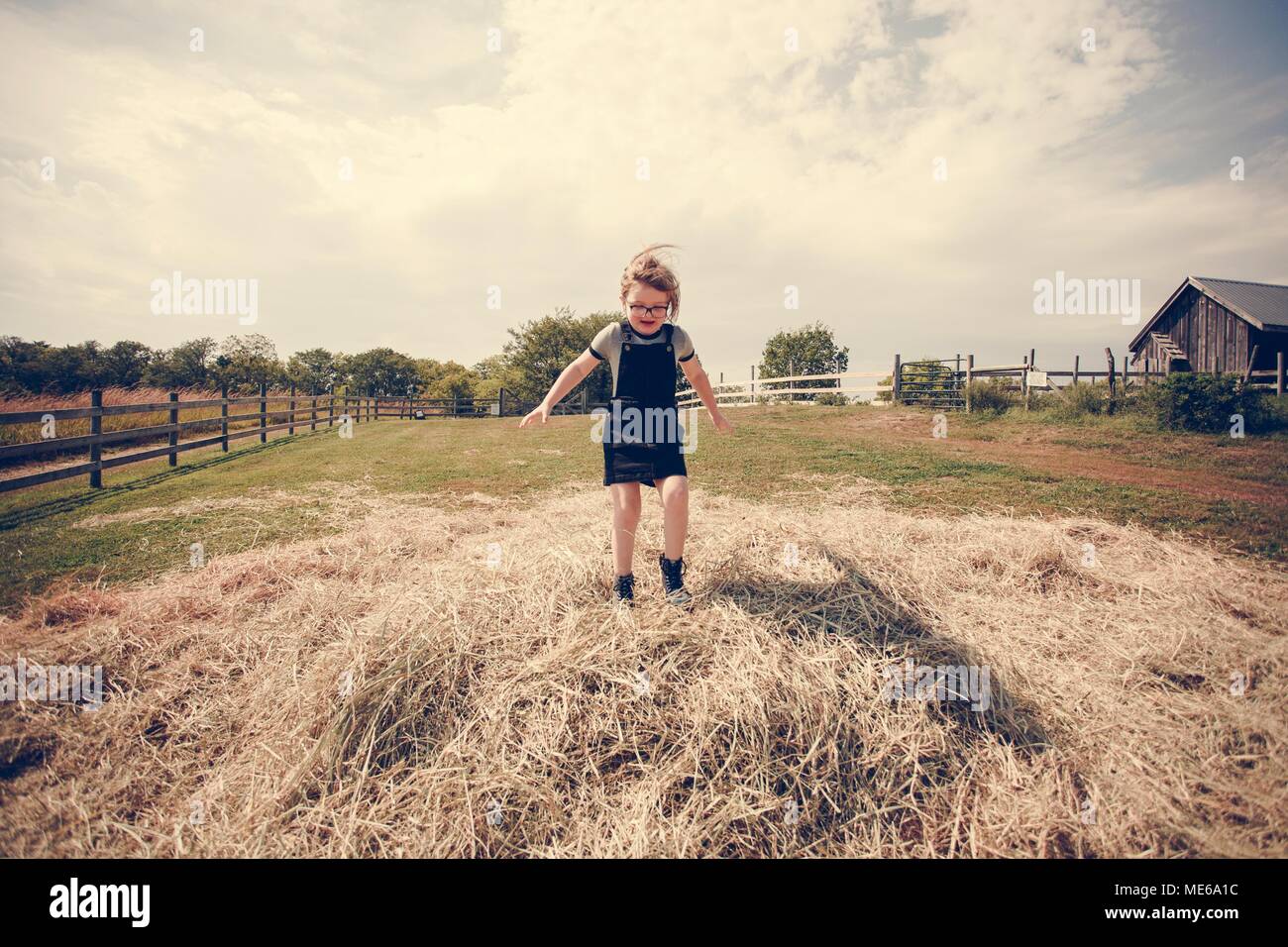 Little girl having fun in a farm Stock Photo - Alamy