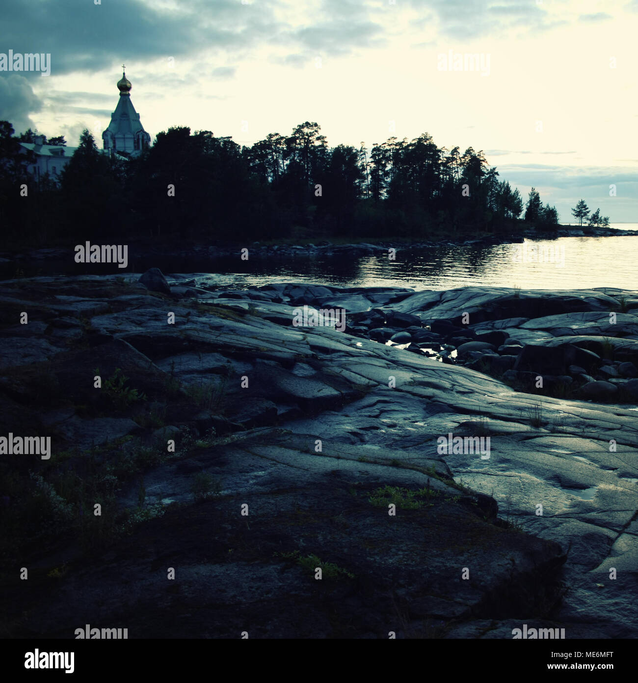 Ladoga lake. Late evening. Saint Nicholas's church on the island (skete ...
