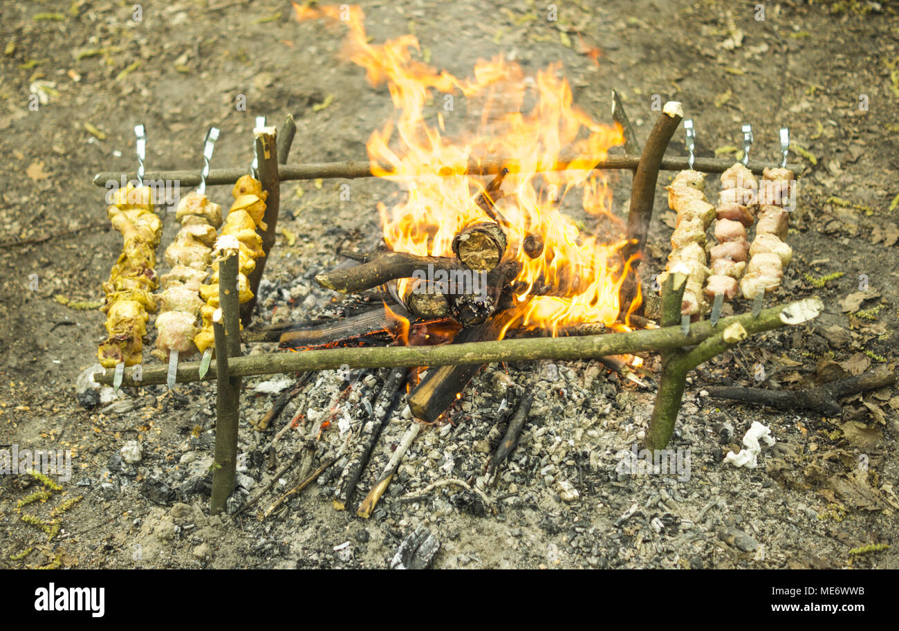 Process of preparation of a shish kebab, from uncooked to the cooked ...