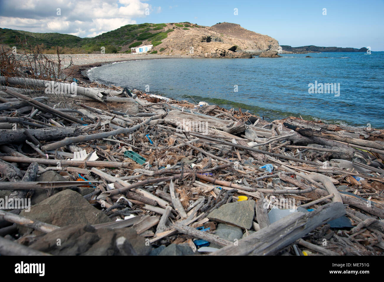 Looking out to sea over driftwood and plastic waste washed up on a ...