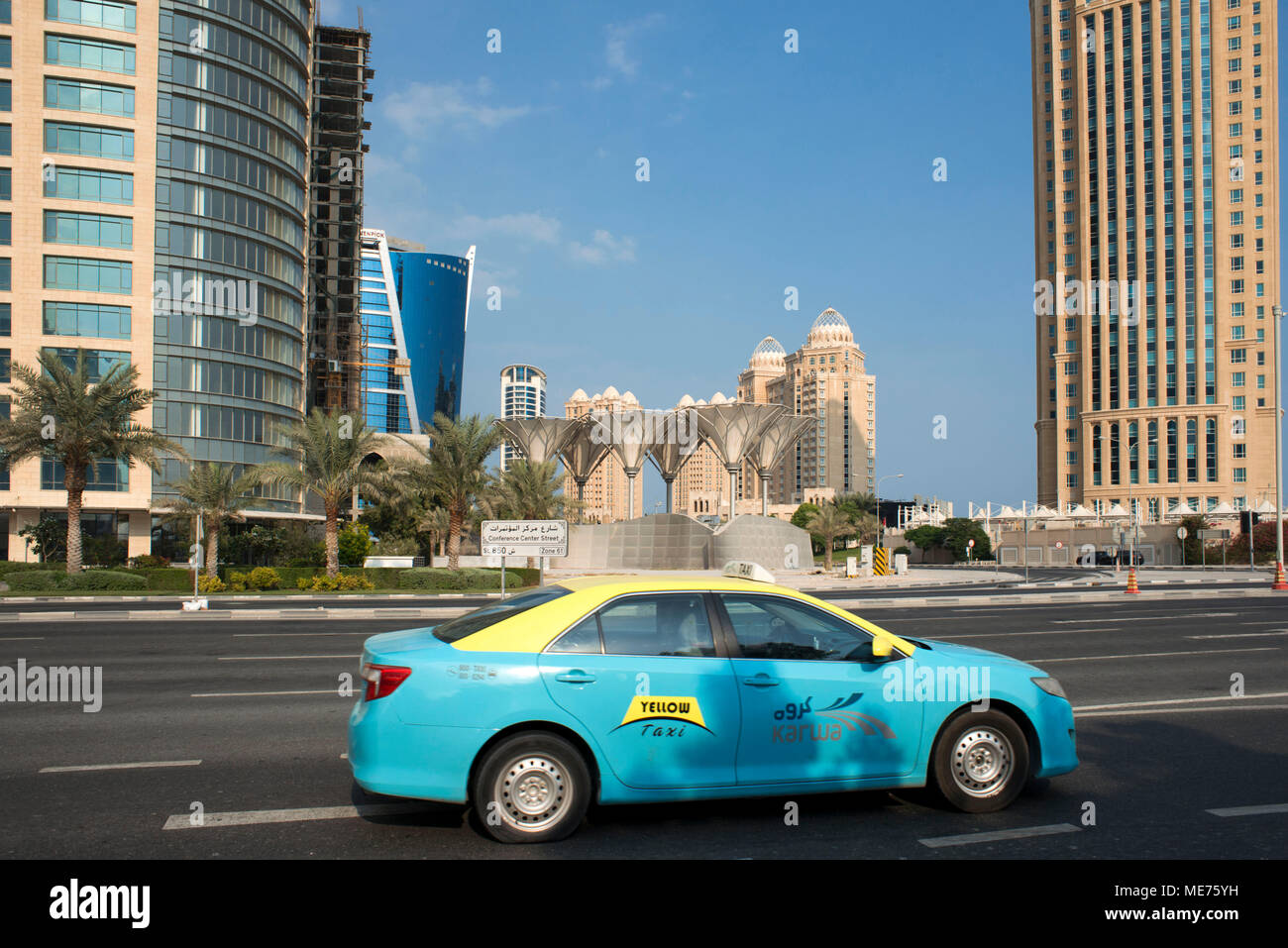 Taxi in Avenue Conference Center in the financial area of Doha, the ...