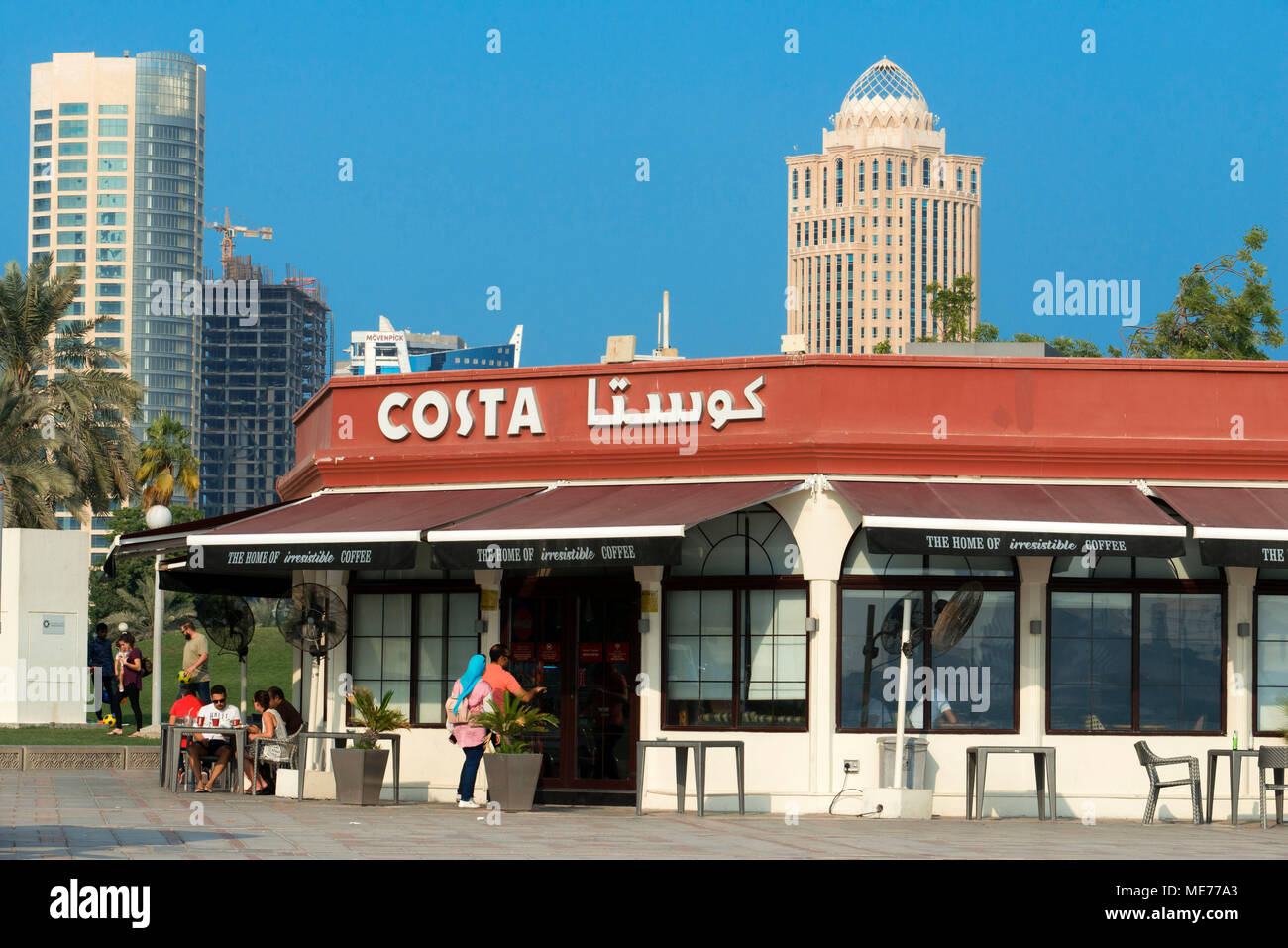 Costa coffee restaurant and modern skyline of the West Bay central ...