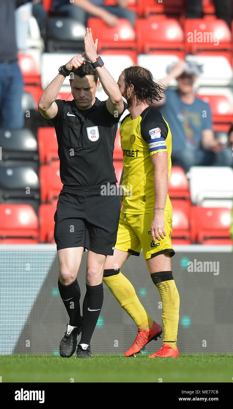Referee Darren England indicates that the goal was disallowed for ...