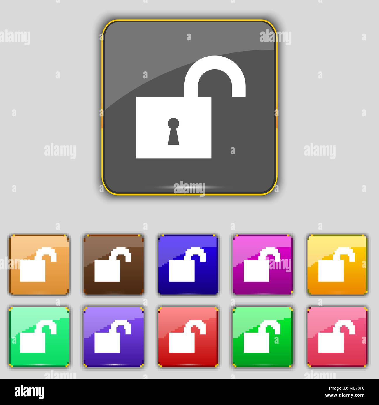 open lock icon sign. Set with eleven colored buttons for your site ...