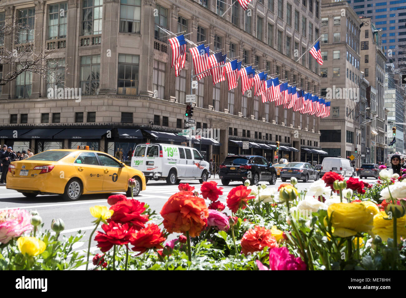 American Flags and Spring Flowers at Saks Fifth Avenue, NYC, USA Stock ...
