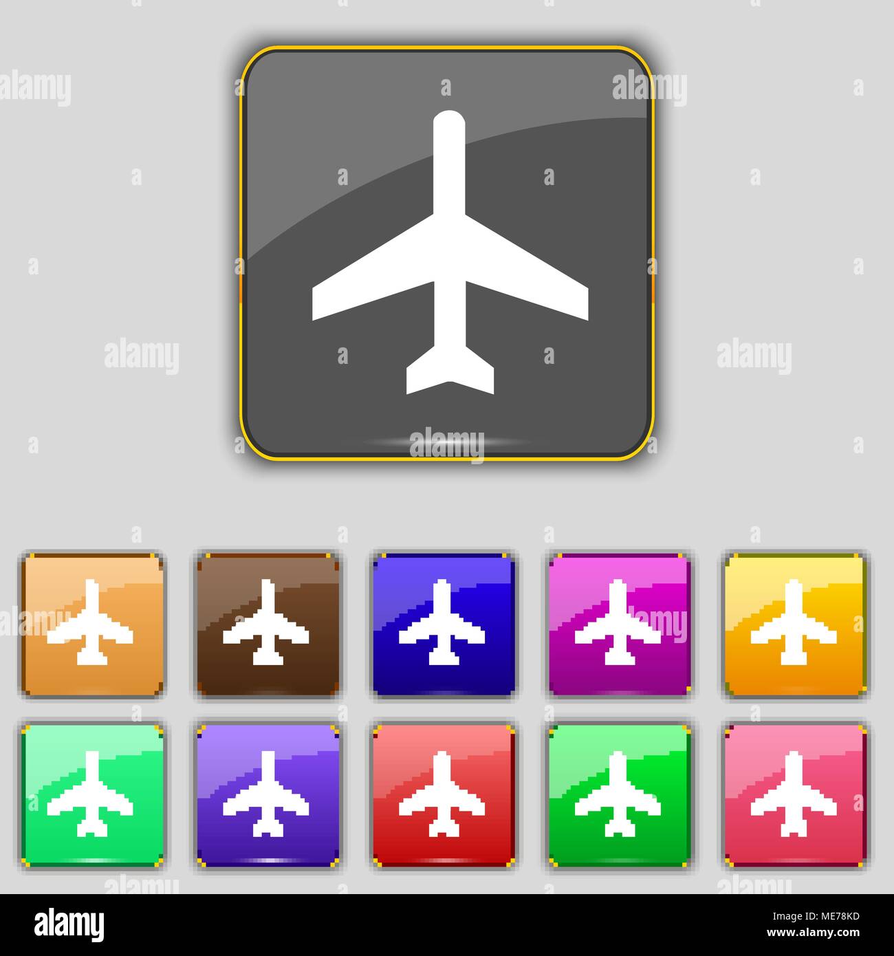 airplane icon sign. Set with eleven colored buttons for your site ...