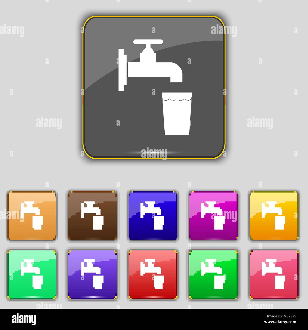 faucet, glass, water icon sign. Set with eleven colored buttons for ...