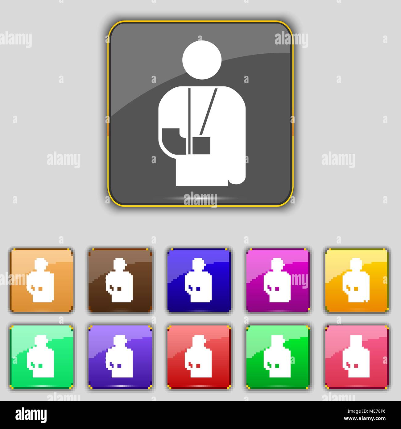 broken arm, disability icon sign. Set with eleven colored buttons for ...