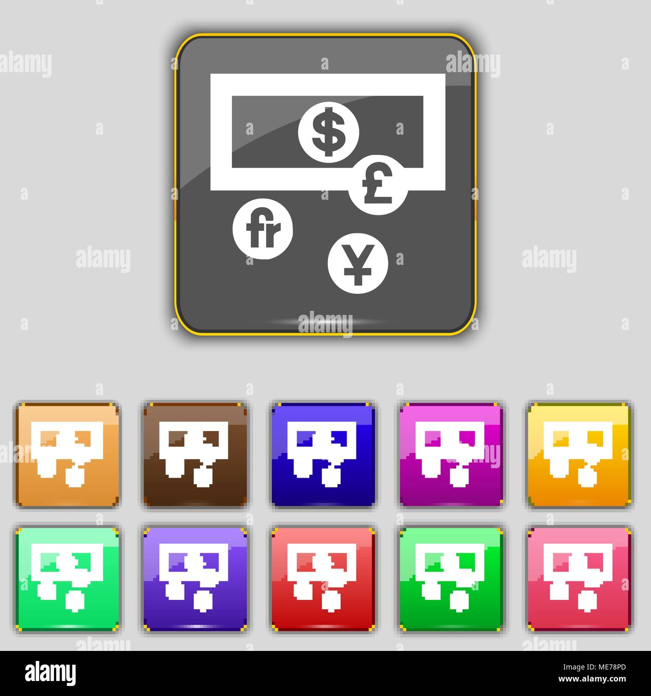 currencies of the world icon sign. Set with eleven colored buttons for ...