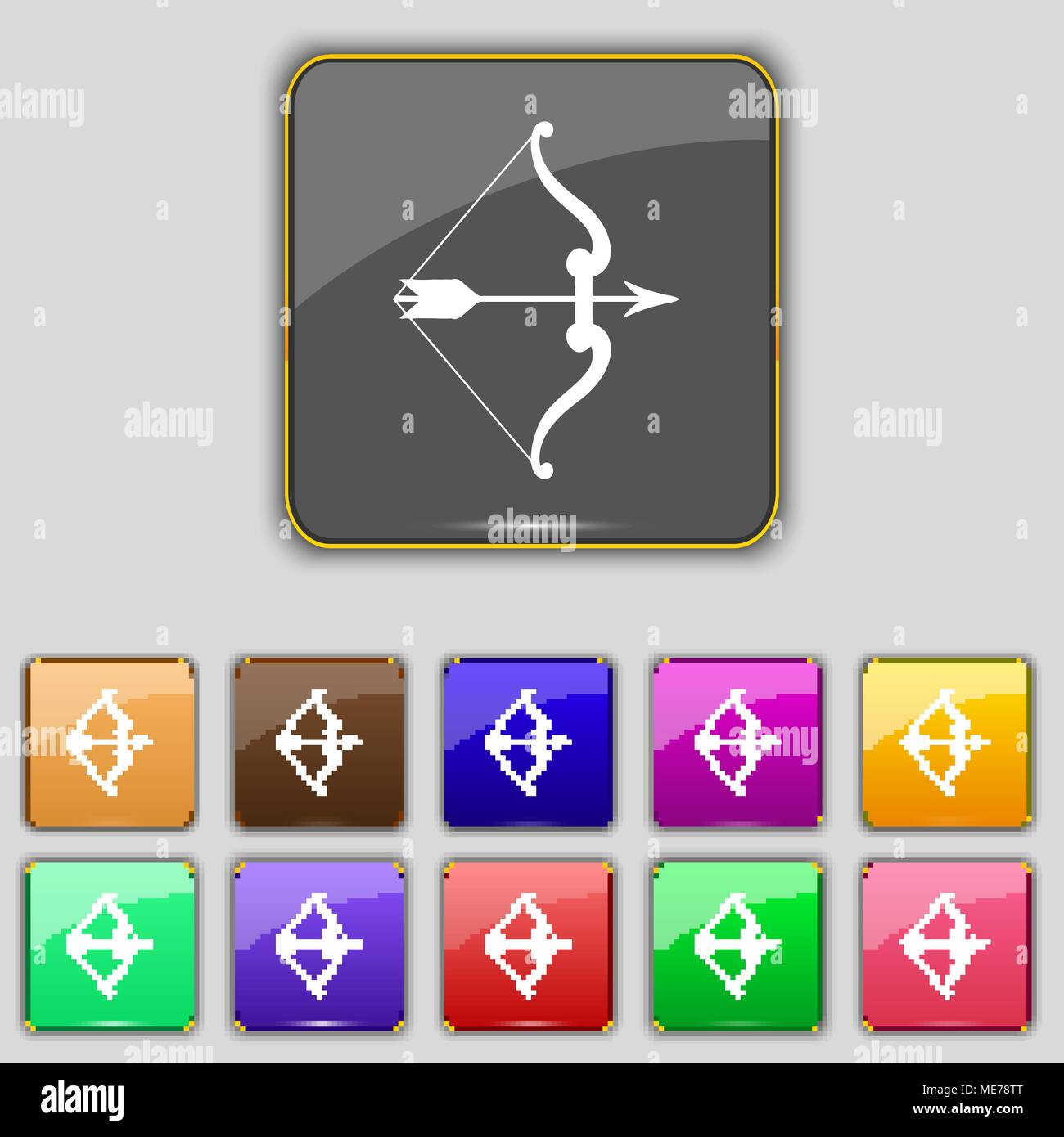 bow and arrow icon sign. Set with eleven colored buttons for your site ...