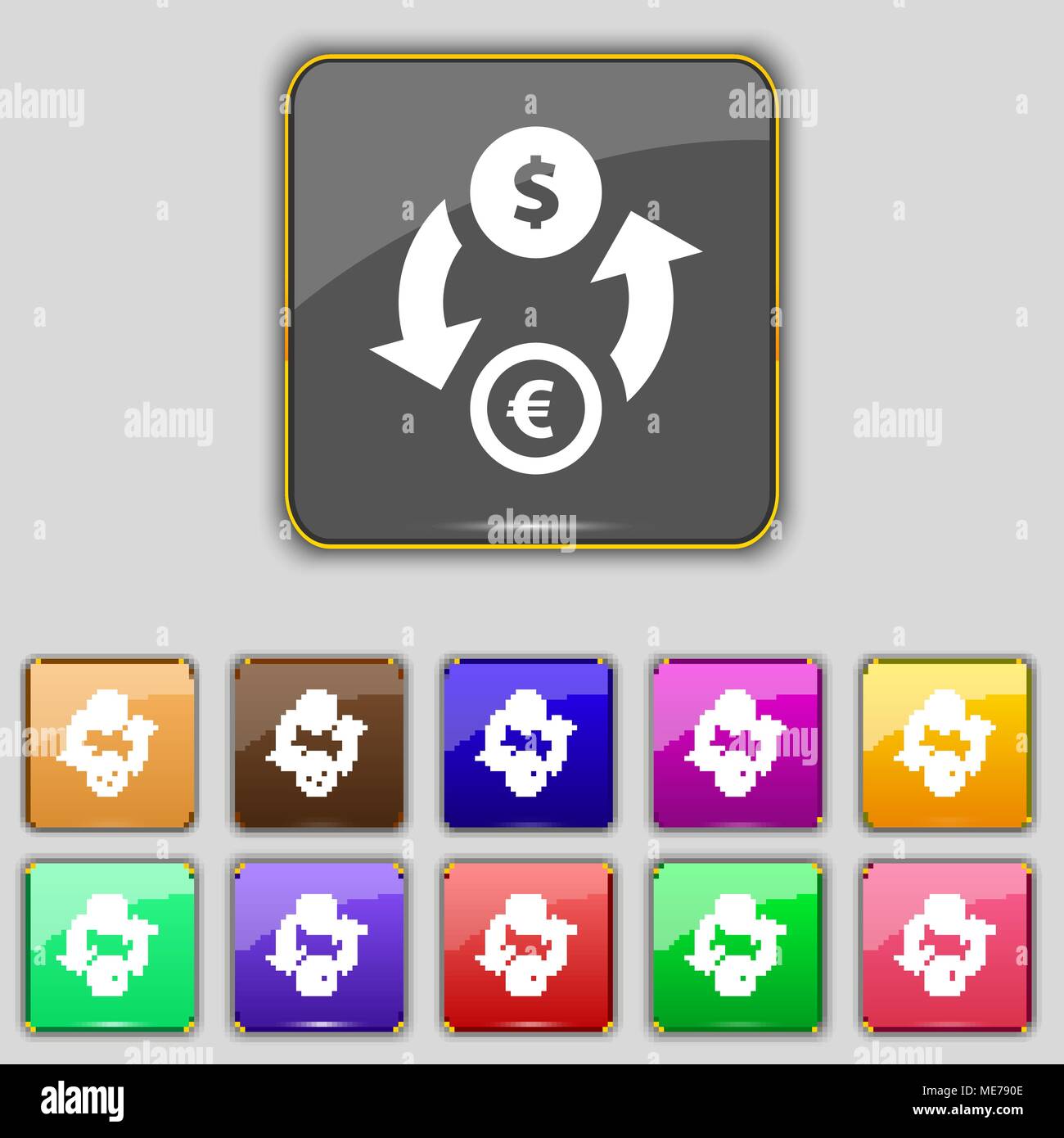 Currency exchange icon sign. Set with eleven colored buttons for your ...
