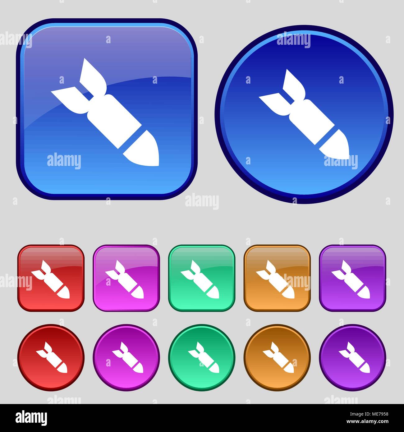 Missile,Rocket weapon icon sign. A set of twelve vintage buttons for ...