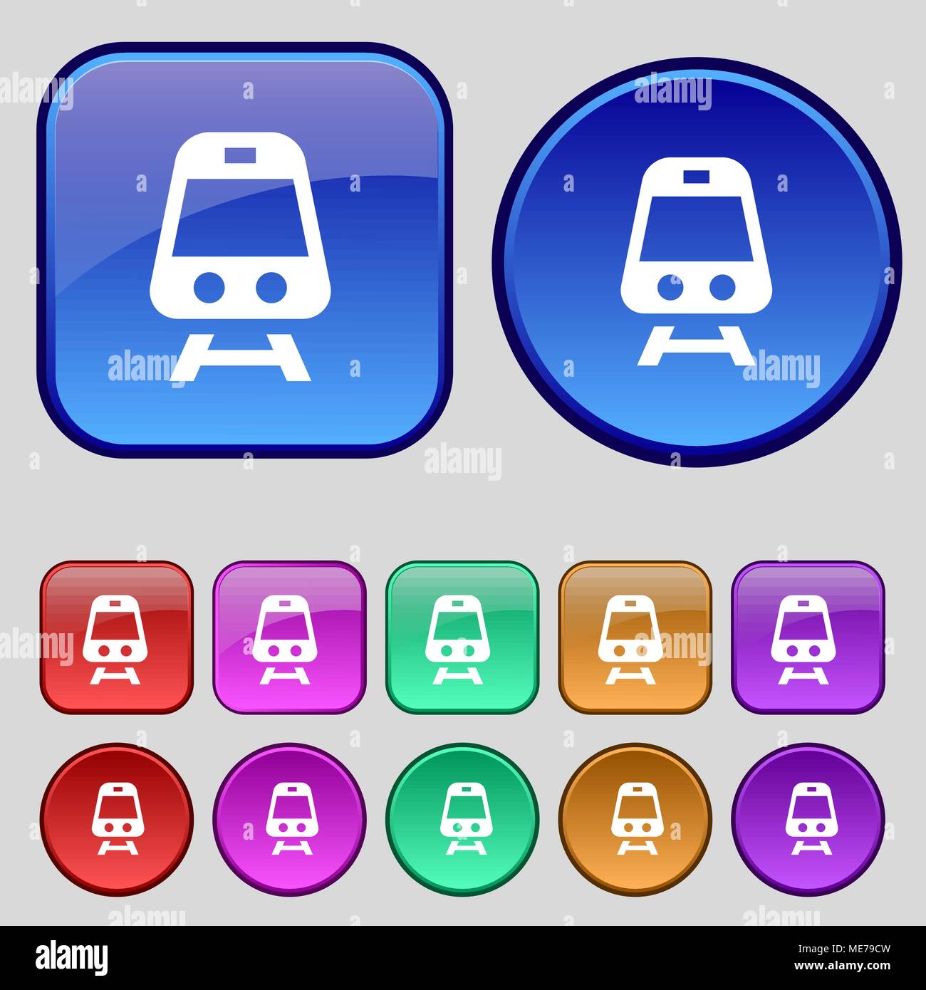 Train icon sign. A set of twelve vintage buttons for your design ...