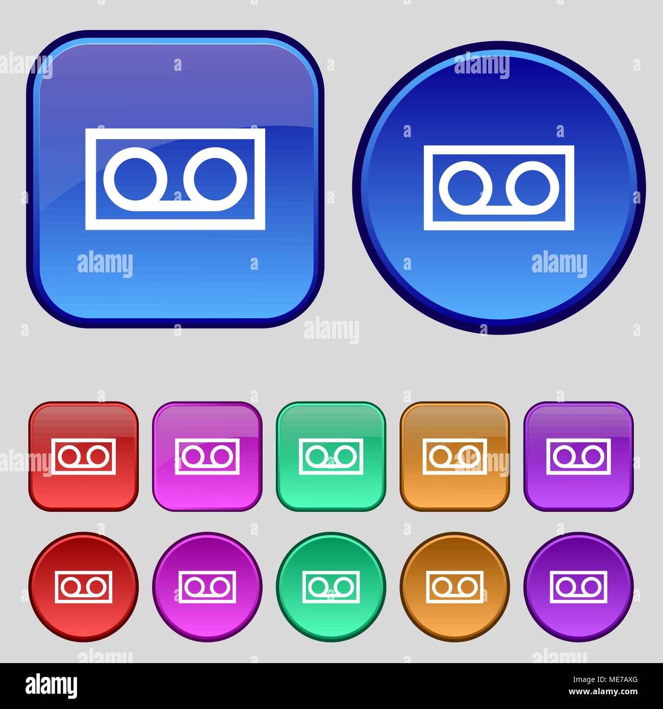 audio cassette icon sign. A set of twelve vintage buttons for your ...