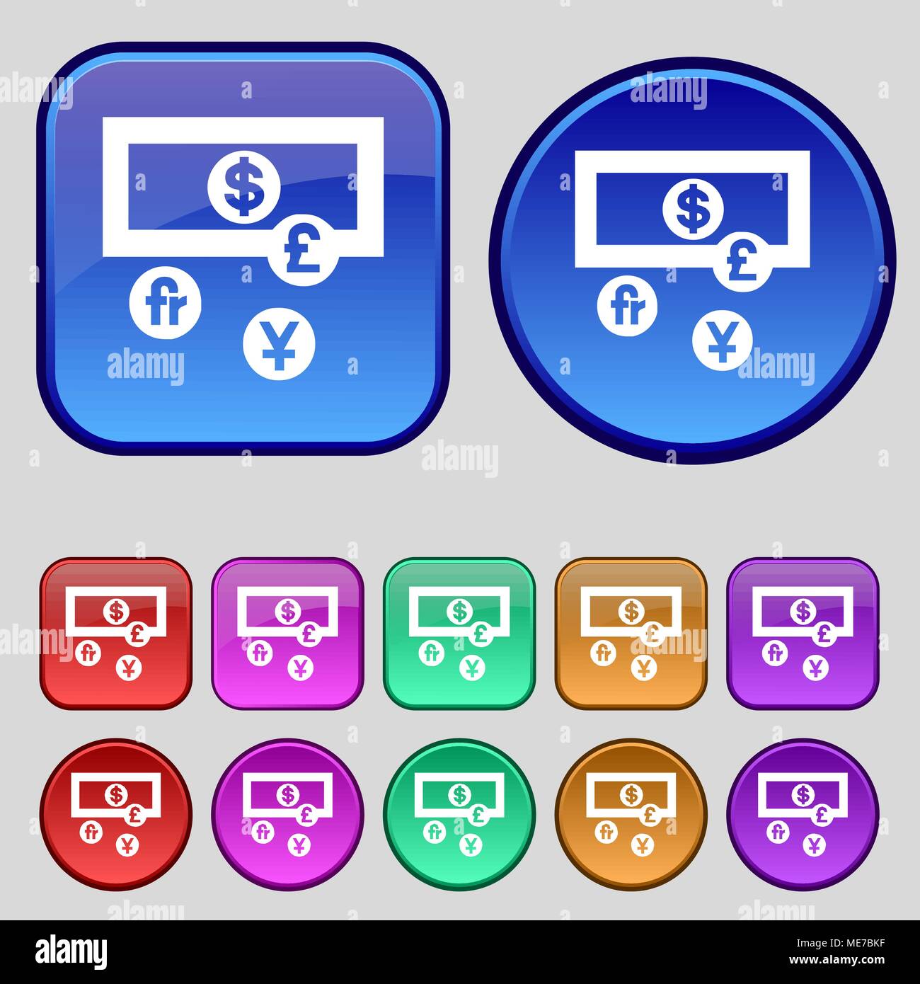 currencies of the world icon sign. A set of twelve vintage buttons for ...