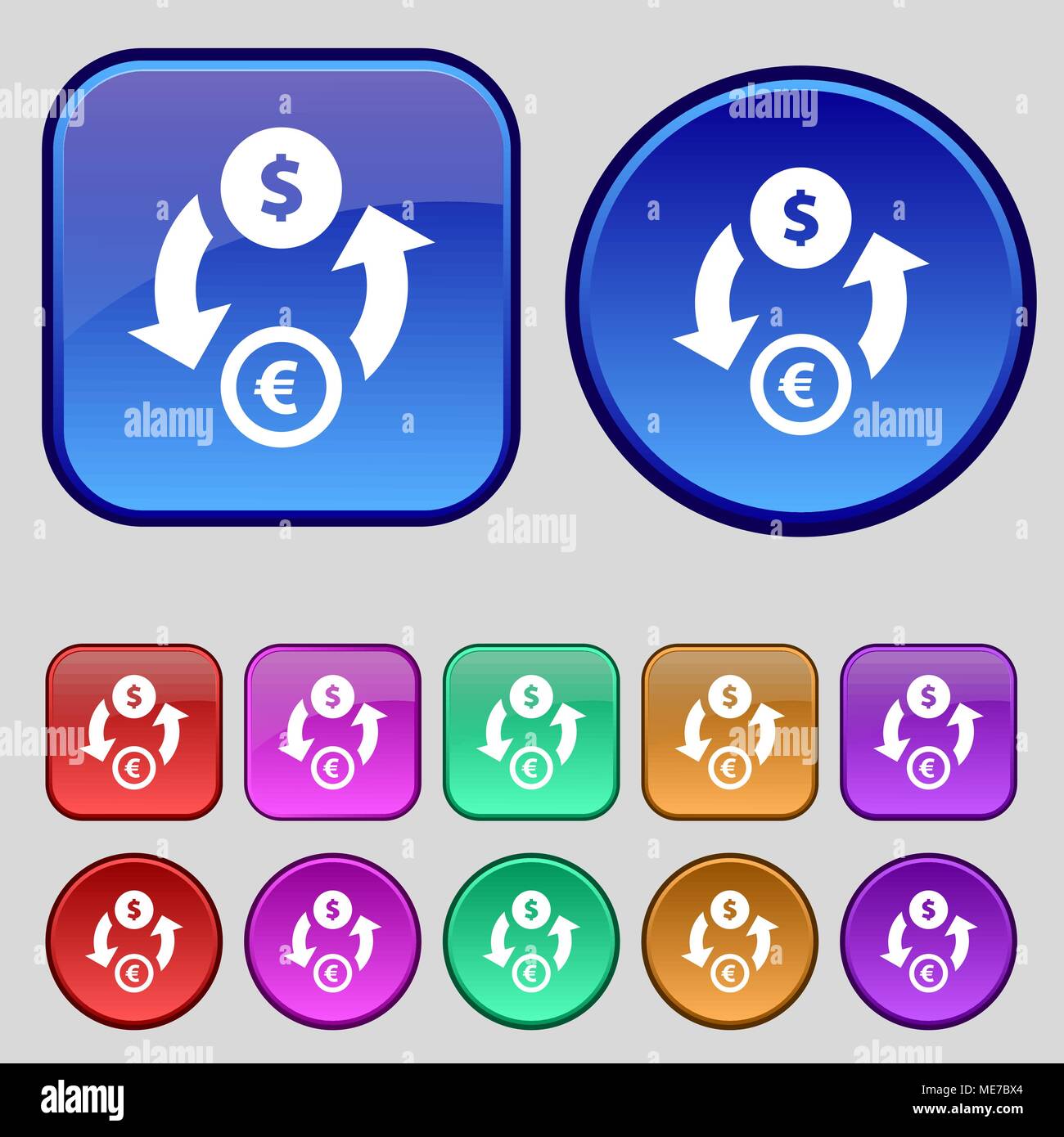 Currency exchange icon sign. A set of twelve vintage buttons for your ...