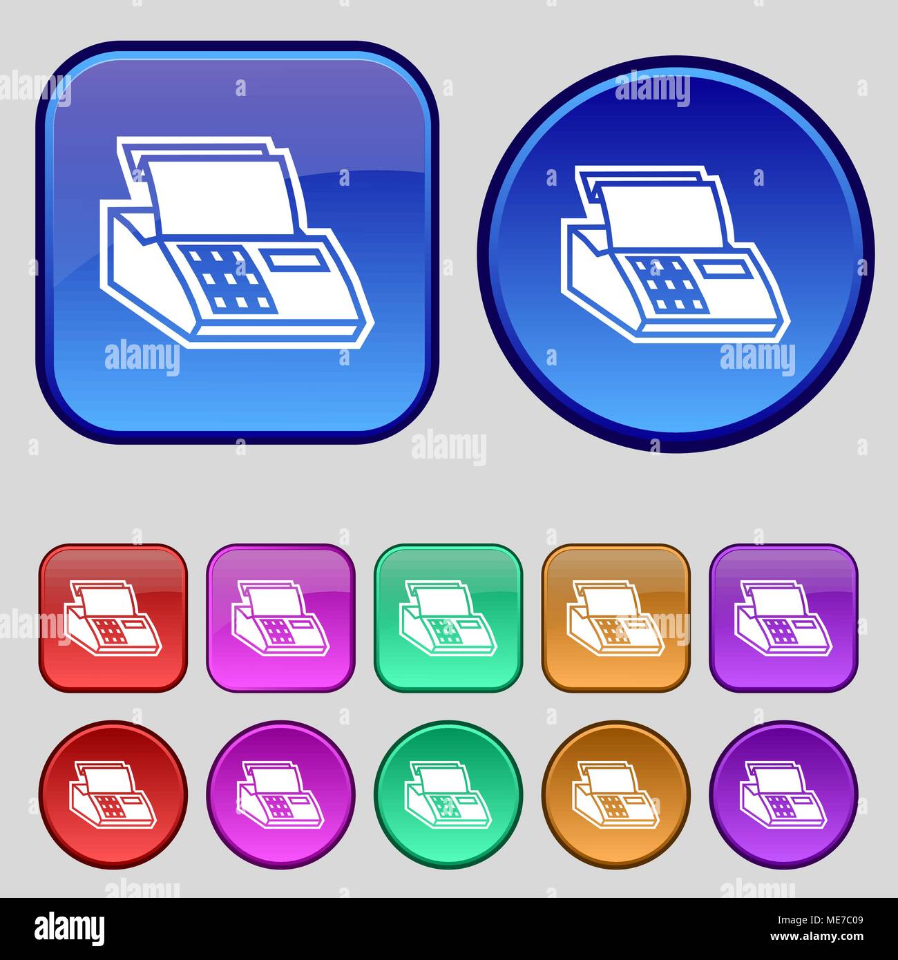 Cash register machine icon sign. A set of twelve vintage buttons for ...