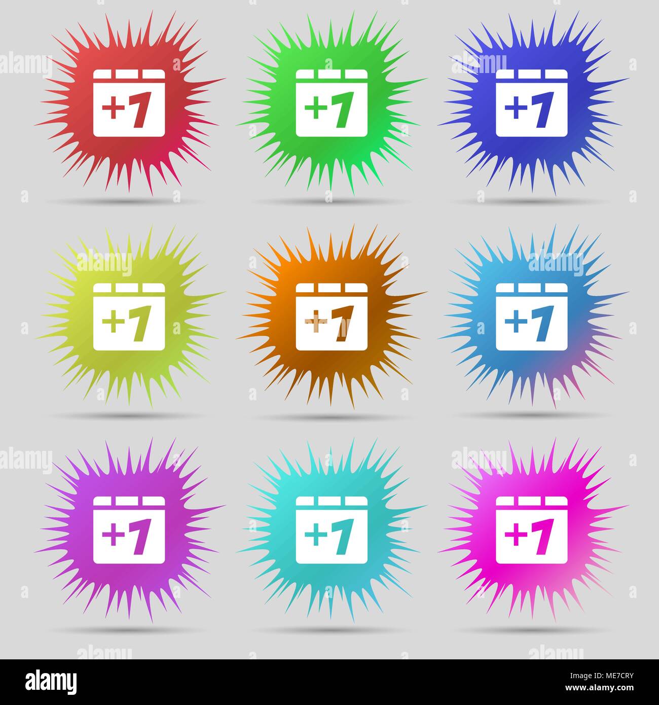 Plus one, Add one icon sign. A set of nine original needle buttons ...