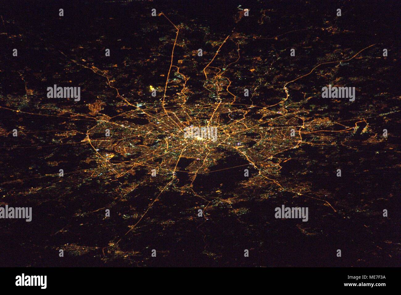 A satellite view of the city lights at night in Moscow, Russia as seen ...