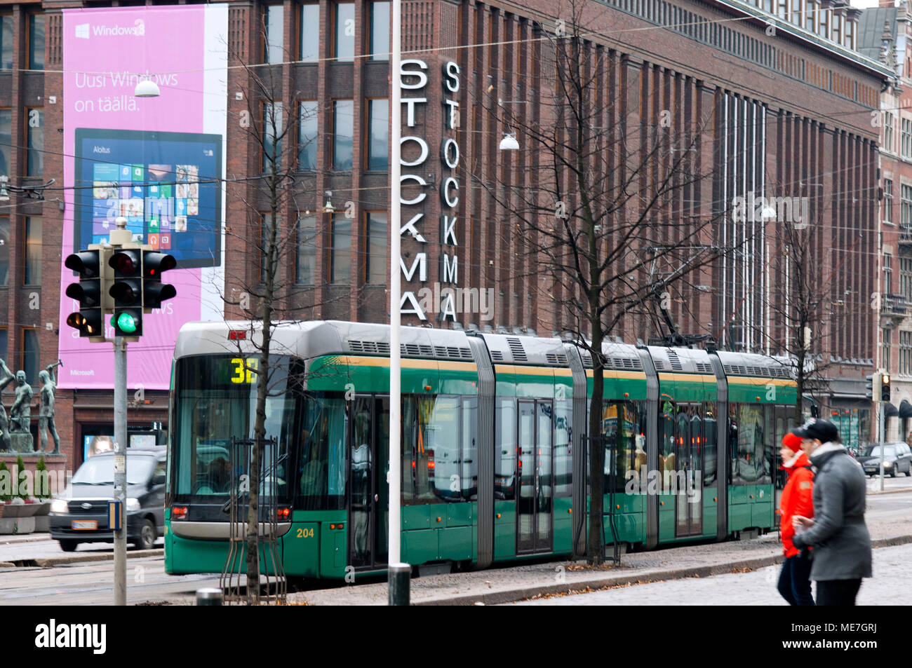 Helsinki city center with Stockmann department store and the tram Stock ...