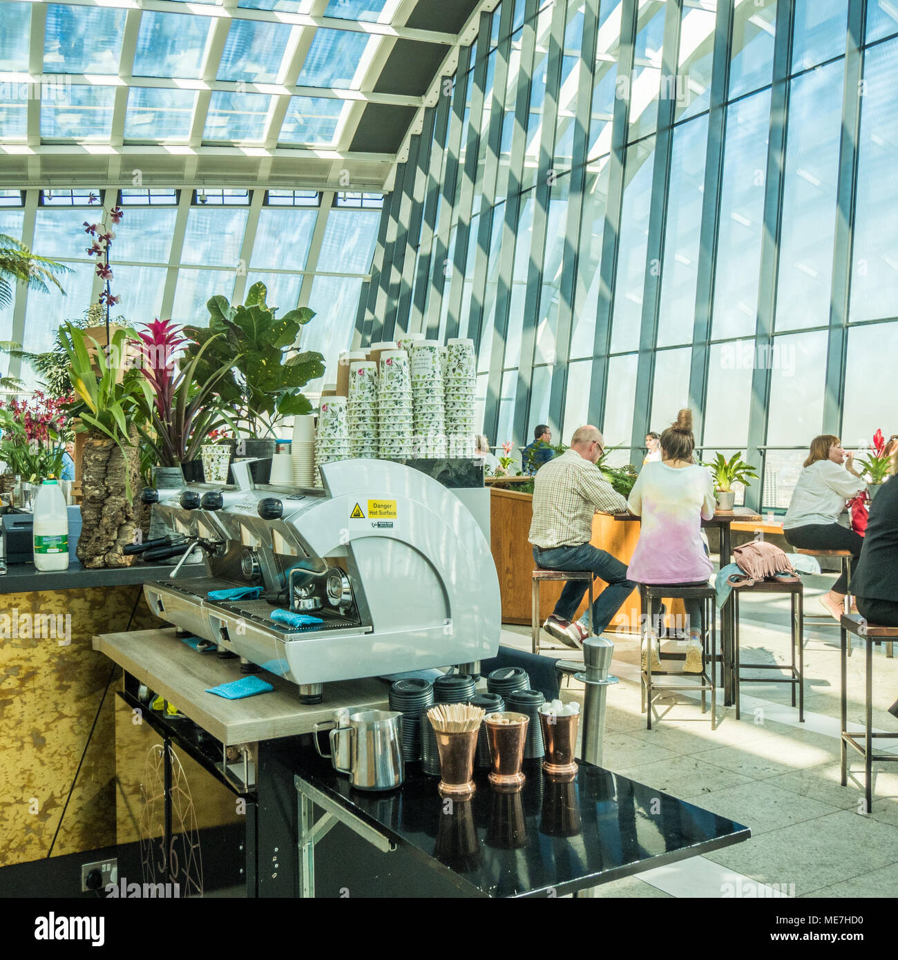 Sky Garden interior showing cafe/bar and coffee machine, "Walkie Talkie ...