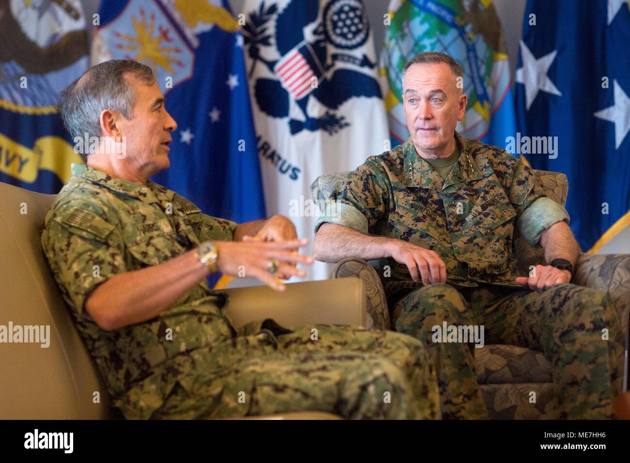 U.S. Navy Pacific Command Commander Harry Harris (left) meets with U.S ...