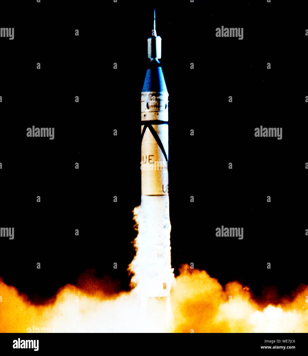 A NASA Jupiter C rocket launches the Explorer 1 satellite into orbit at ...