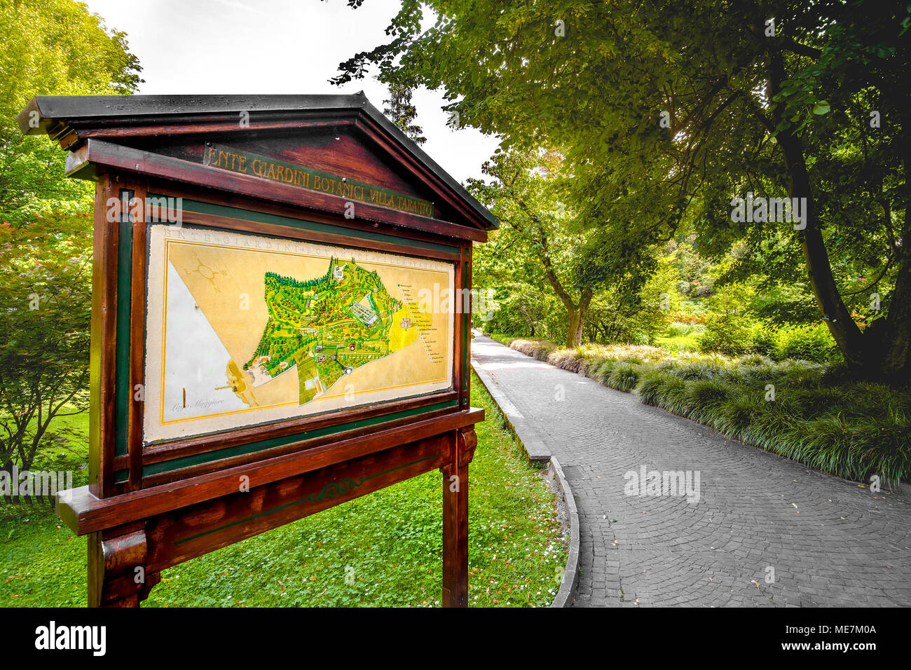 Verbania, Italy, 23 May 2017 - a wooden sign indicates the map of the ...