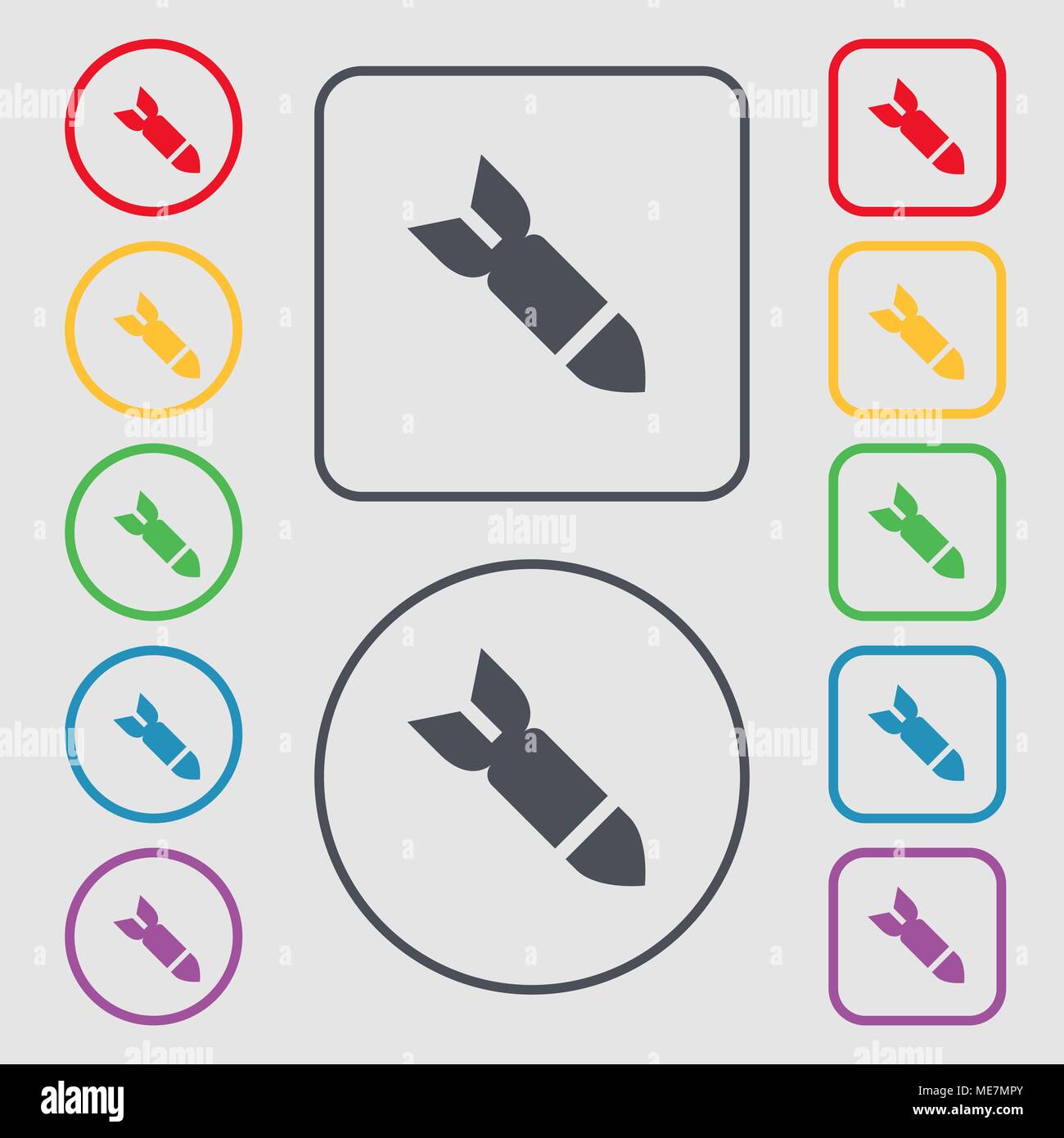 Missile,Rocket weapon icon sign. symbol on the Round and square buttons ...